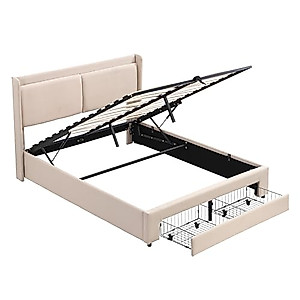 BOVZA Queen Size Lift Upholstered Platform 2 Drawers, Modern Wingback Headboard, Hydraulic Storage Bed Frame, Linen Beige