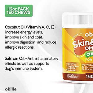 Obille Skin & Coat Omega for Dogs 160 Chews 12oz – Salmon Oil Supplement For Puppies and Large Dogs, Support Shiny Coat, Dry & Itchy Skin Relief, Immune & Heart Health and may reduce Allergy, Shedding