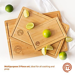 MasterChef Cutting Boards for Kitchen, Bamboo Chopping Board Set of 3, Organic Food Safe Surfaces for Preparing & Serving Meat, Cheese etc, Large, Medium & Small Wooden Boards with Juice Grooves