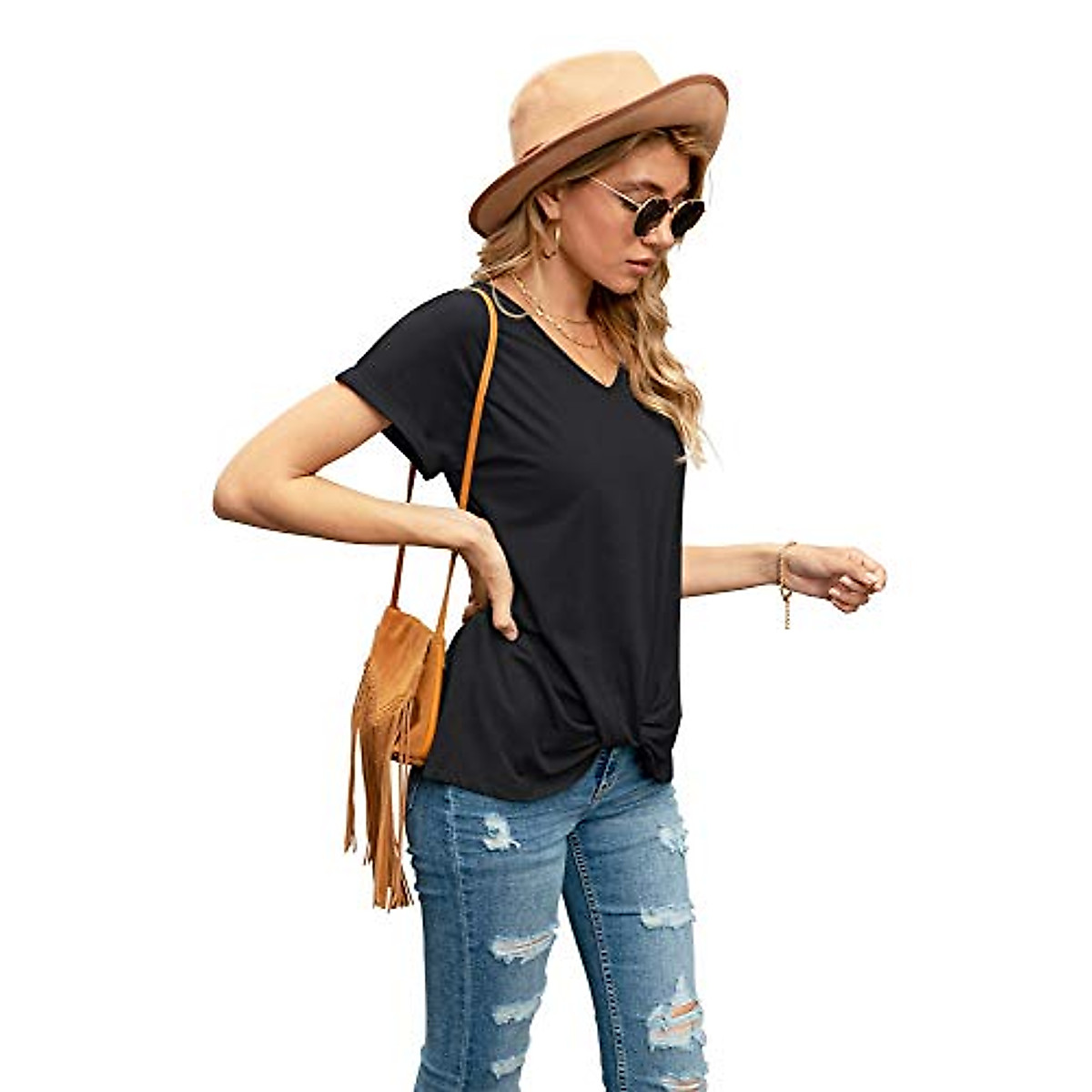 Iandroiy Women's V Neck Short Sleeve Casual Tops Twist Knot Blouse T Shirts (X-Large, Black)