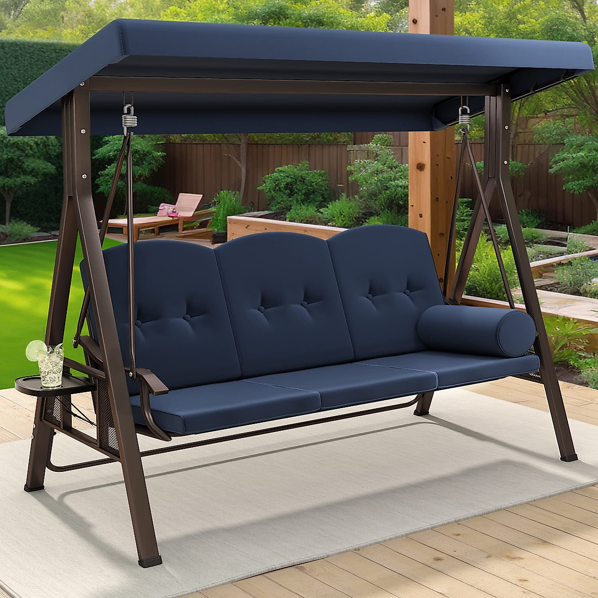 YITAHOME 3-Seat Deluxe Porch Swing Outdoor Heavy Duty Patio Swing Chair with Adjustable Canopy Removable Cushions Weather Resistant Steel Frame Suitable for Garden, Lawn, Backyard, Balcony, Navy Blue