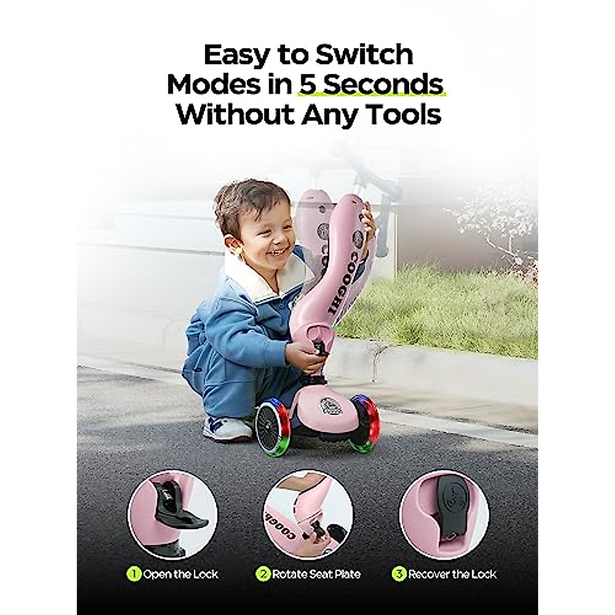 COOGHI Toddler Scooter, 3-in-1 Kids Scooter with Flashing Wheels & Kids Helmet Pads Set for Scooter Skateboarding Skating Biking BMX Skiing