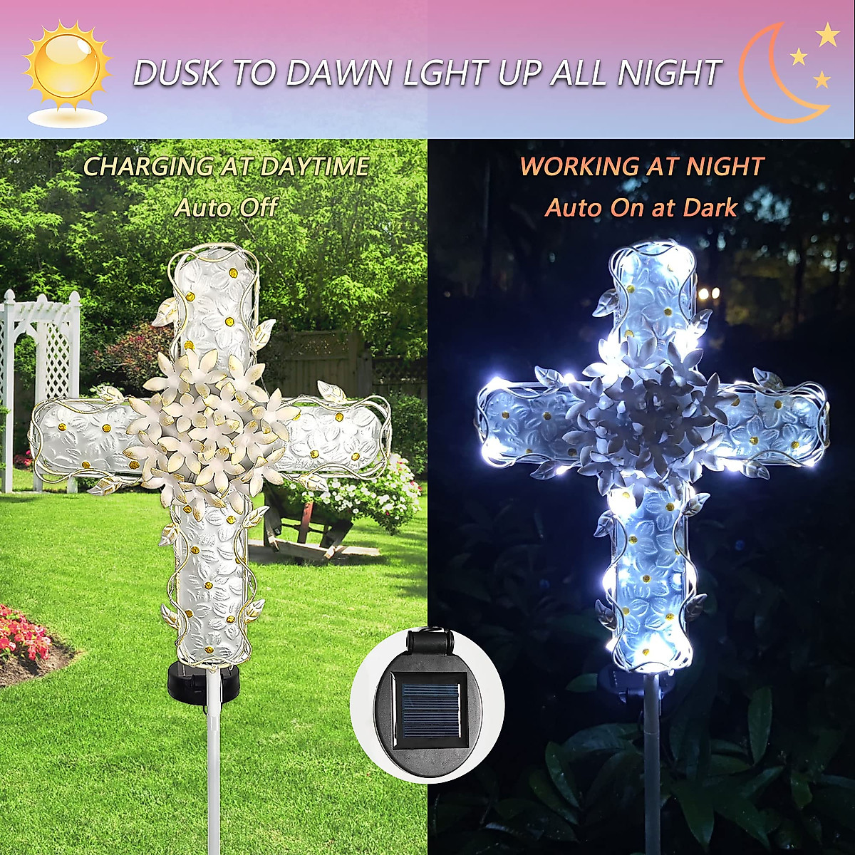 COOZZYHOUR 38Inch Cross Solar Garden Lights Outdoor Decorative - Solar Metal&Glass Cross White Hydrangea Flower Stake Lights- Waterproof 20 Warm White LED for Remembrance Gifts & Sympathy Gifts.