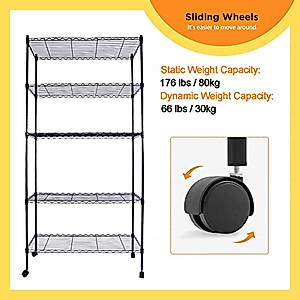 Ymlpre 5-Tier Wire Shelving Unit with Wheels, 35.43" W x 13.78" D x 65" H, Height Adjustable Metal Shelf, Heavy Duty Organizer Garage Large Iron Storage Shelves NSF Metal Rack on Wheels, Black 65inch