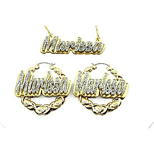Name Necklace Plate Personalized Custom Nameplate and 2.5" XOXO Gold Earrings Made To Order Any Name Jewelry Set Laser Cut Diamond Look Glitter Script Cursive Letters, Quality Gold Chain, Stunning
