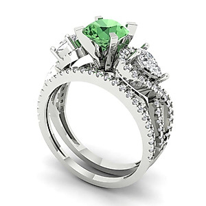 Clara Pucci 2ct Round Cut 3 stone Green Simulated Diamond Engagement Promise Anniversary Bridal Ring Band set 14k White Gold 7.5