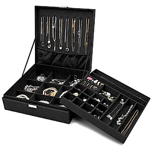 ProCase Velvet Jewelry Box Organizer for Women, 2 Layer Jewelry Display Storage Holder Case for Necklace Earrings Bracelets Rings, Mother's Day Gift -Black