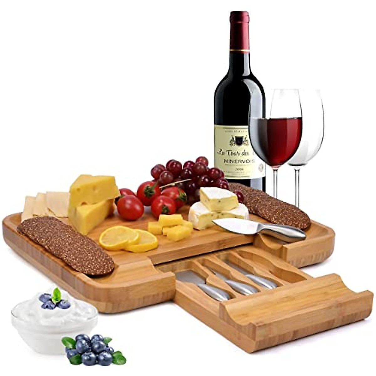 Organic Bamboo Cheese Charcuterie Cutting Board with Cutlery & Knife Set, Includes 4 Stainless Steel Serving Utensils, Wooden Serving Tray for Meat Platter, Fruit & Crackers