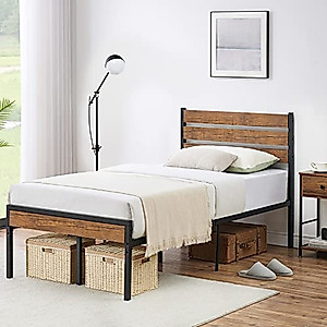 Alkmaar Bed Frame with Wood Headboard and Metal Slats Support Platform Bed Frame with Storage No Box Spring Needed (Twin)