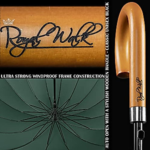 Royal Walk Large Windproof Umbrella for 2 People, 54 Inch, Dark Green, Auto Open, Wooden Handle, 16 Ribs, Travel Size