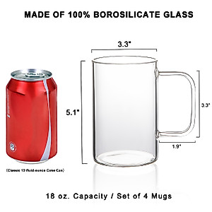 Aquach Clear Glass Coffee Mugs 18 Oz. Set of 4, Clear Glass Cups with Hande for Tea Beverage