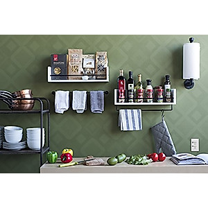 Rustic State Wall Mount Wood Floating Shelves with Metal Rail & Towel Bar - Spice Rack Display - Kitchen, Bathroom, Living Room, Bedroom Wall Décor Storage Organizer - White