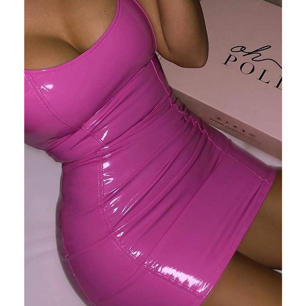 SEMATOMALA Women's Scoop Neck Latex Bodycon Dress Shiny Metallic Strap Shoulder Slim Fitted Club Party Mini Dresses(PI,M)