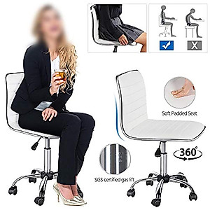 Yaheetech Adjustable Task Chair PU Leather Low Back Ribbed Armless Swivel Desk Chair Office Chair Wheels White, Set of 2
