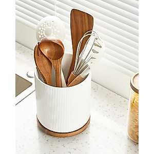 getstar Utensil Holder, 360° Rotating Large Kitchen Utensil Holder, Ceramic Cooking Utensil Holder for Kitchen Counter with Rotatable and Detachable Wooden Base