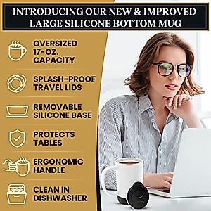 Extra Large Ceramic Coffee Mug w/Lid and Removable Silicone Base - 17 ounce Slideproof Coffee Cups w/Handle and Sip and Cover Lid - Set of 2 Dishwasher Safe Ceramic Travel Mugs - Reusable White Cup