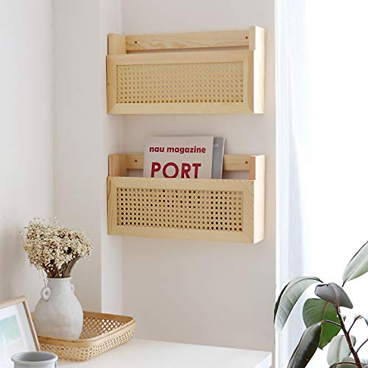 FIRADE Wood Magazine Wall Rack with PE Rattan Grid,Size 17.3" x 4" x 9.4",File Holder for Entryway,Living Room,Waiting Room,Kids’ Room,Office