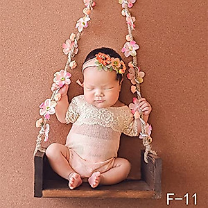 TOOYFUL Wooden Swings Seats for Newborn Boys Girls Photography Props, with Flower Ropes Hanging Swing Seat for Baby Memorable Photo Shooting-Coffee