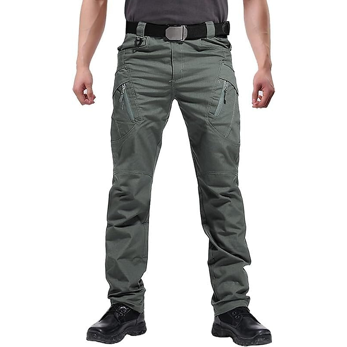 Susclude Men's Tactical Pants Stretch, 9 Pockets Rip Stop Lightweight Cargo Work Military Trousers Outdoor Hiking Pants Gray Green 28Wx28L