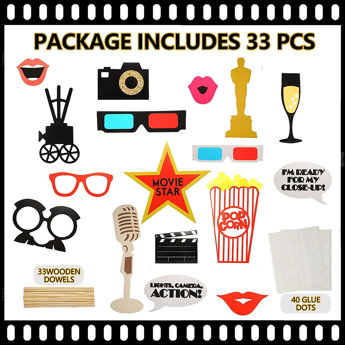 LASLU Movie - Hollywood Party Photo Booth Props Kit - 33 Count