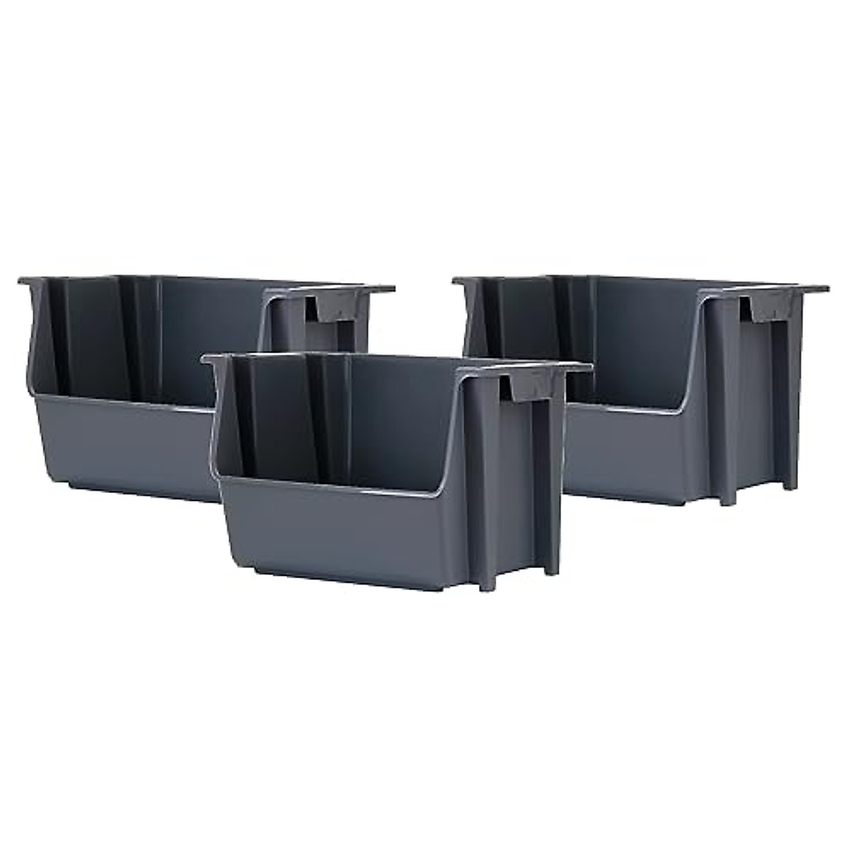 Mighty Tuff Large Stackable Storage Bins, Pack of 3, Easy-Access Storage, Large Easy-To-Grip Handles, Wide Front Opening, Interlocking, Stack Vertically, Cool Grey