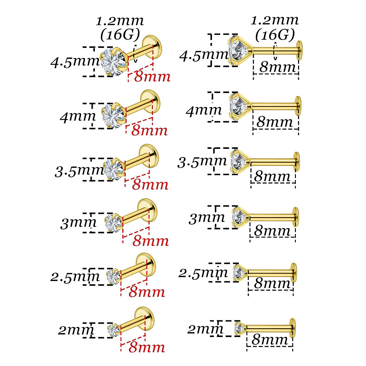 Vsnnsns 16G Lip Rings Stainless Steel Labret Jewelry Monroe Lip Rings Nail Cartilage Tragus Helix Earrings Studs Piercing Jewelry Medusa Piercing Jewelry for Women Men 16 Gauge Earrings 8mm Gold