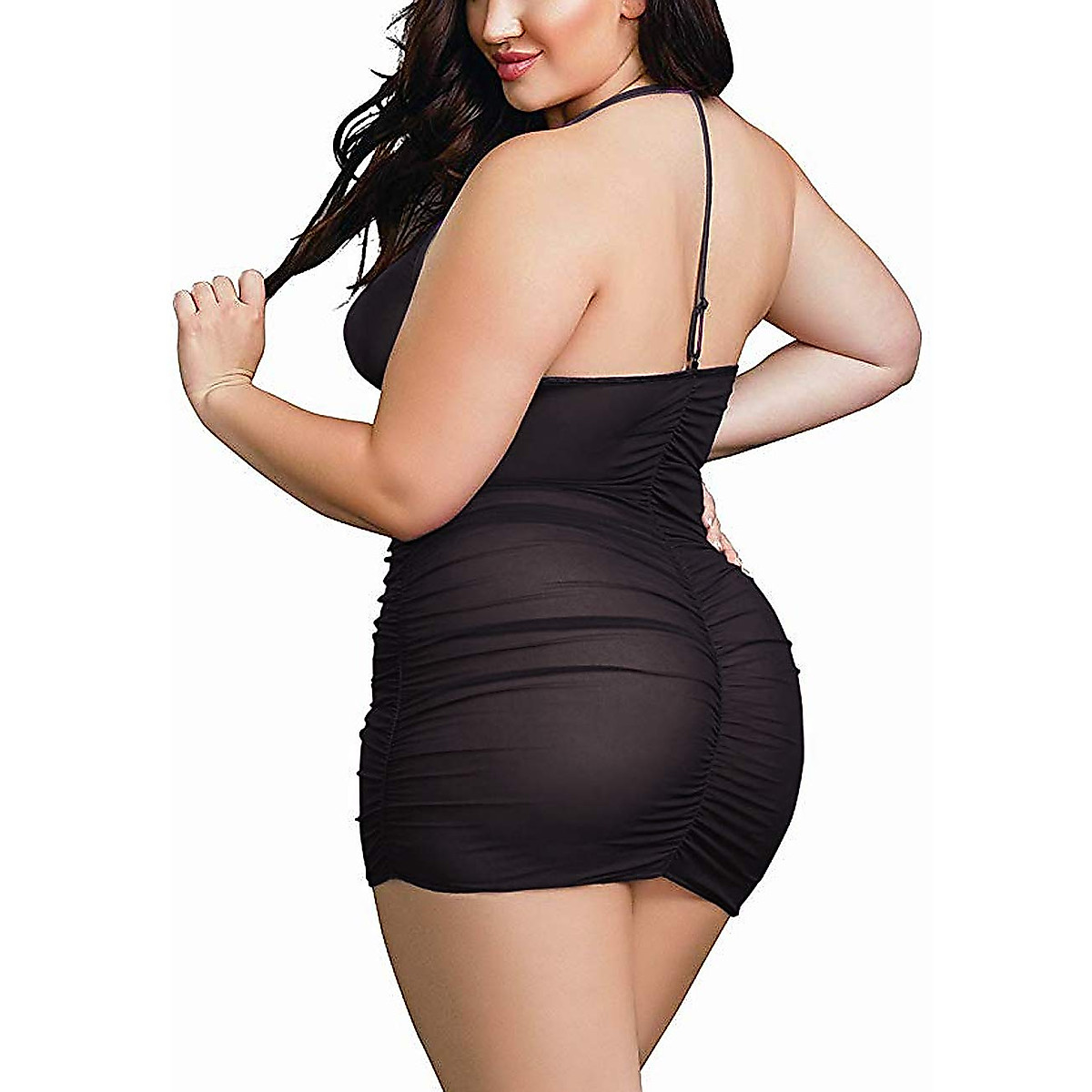 Plus Size Sheer Stretch Mesh Babydoll Dress Zipper Shirring Halter Chemise Curvy Sexy Lingerie for Women(Black, 4XL)
