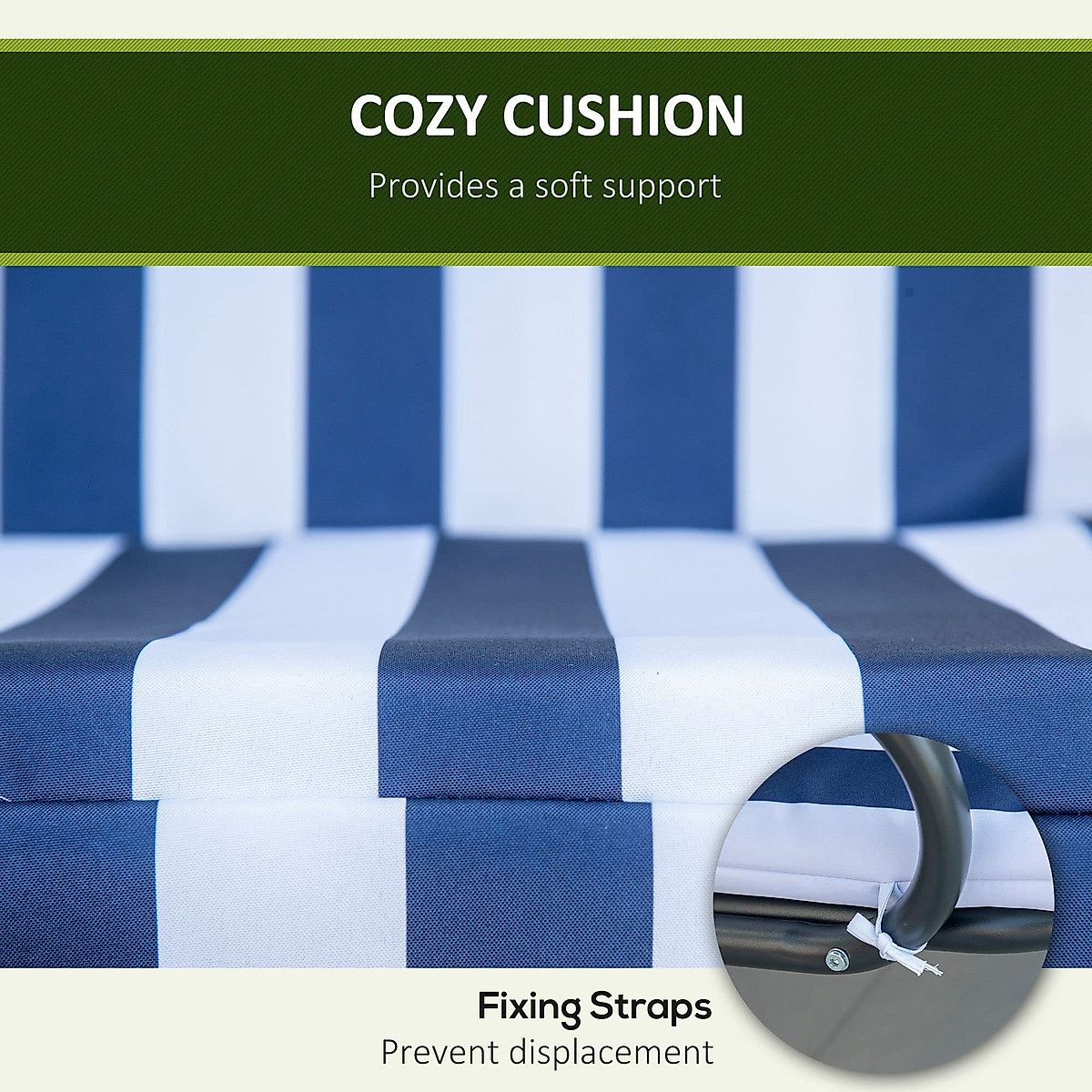 Outsunny 3-Person Patio Porch Swing with Adjustable Canopy for Adults, Steel Frame, Seat & Backrest Cushion, Armrests, Dark Blue & White Striped