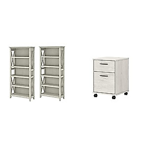 Bush Furniture Key West 5 Shelf Bookcase Set in Linen White Oak & Key West 2 Drawer Mobile File Cabinet, Linen White Oak