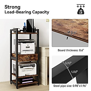 Natwind 4-Tiers Home Office Printer Stand Rack with Drawer Mobile Double Printer Cart with Adjustable Shelves Large Storage Rack on Wheels for Home Office Study Kitchen (Retro)