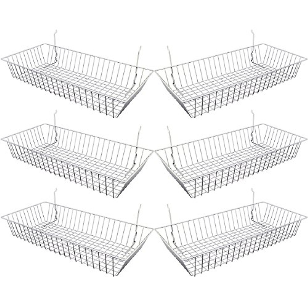 Epoxy Chrome Wire Basket for Pegboard, Slatwall or Gridwall (Set of 6), Merchandiser Baskets, Perfect For Commercial or Retailer, 24” L x 12” D x 4” H, Shallow Baskets (White)
