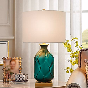 VejiA Bedside Lamps, Glass Desk Lamp, Square Copper Base Warm Light Cloth Lampshade Reading Lamp Study Office Library Desktop Decorative Lights E27 Reading Lamp/Green/35 * 35 * 62C