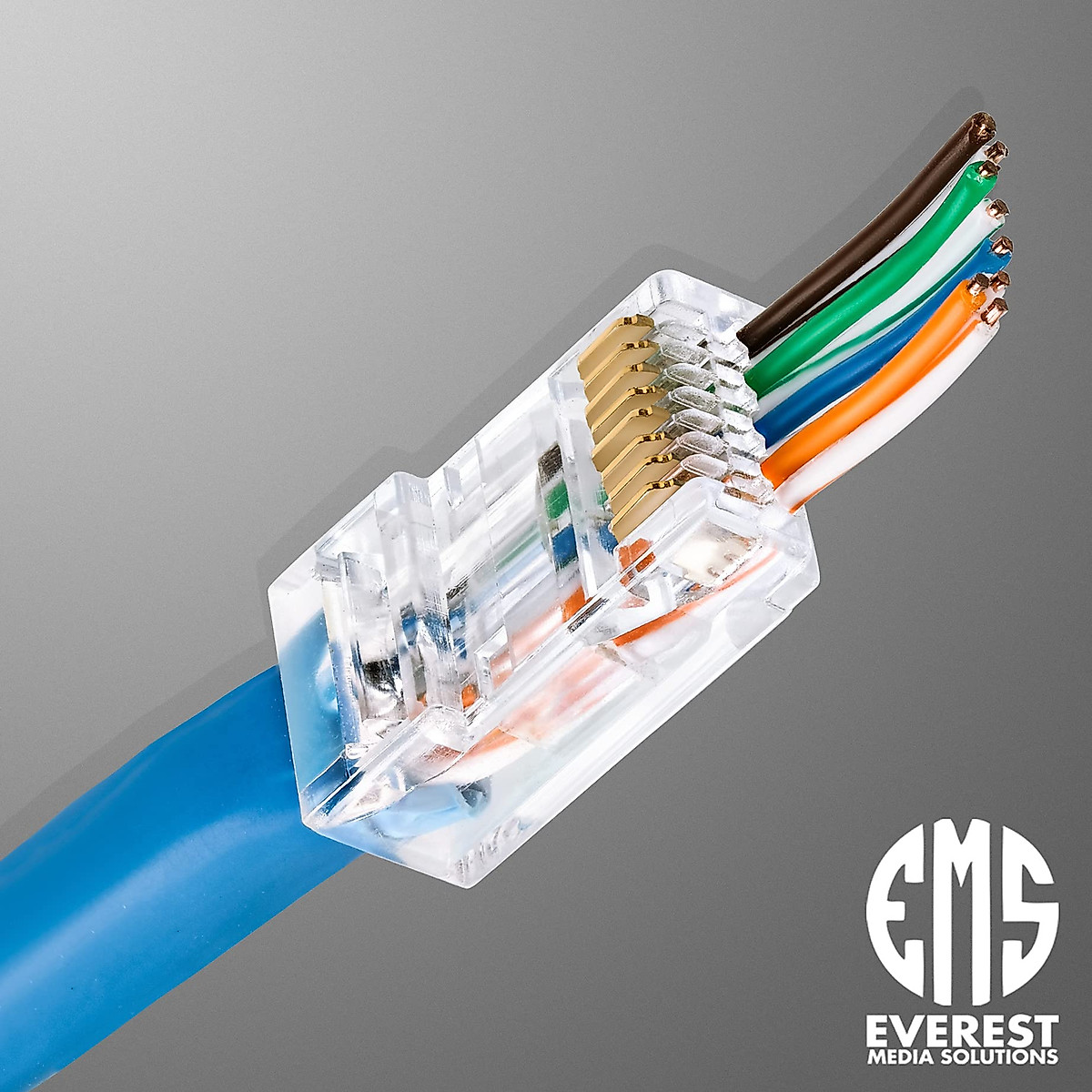 Everest Media Solutions RJ45 Cat6/6a Pass Through Connectors for a Thick 23 AWG Large Diameter UTP Network Cable, 100 Pcs | Insert Guides Included