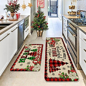 cusugbaso Christmas Kitchen Mats, Merry Christmas Kitchen Rugs Set of 2 - Red Buffalo Plaid Christmas Kitchen Decor - Truck Christmas Decorations for Bathroom,Floor,Indoor,Home 17"x27+17"x47"