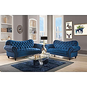Eddy Mid Century Tufted Velvet Sectional Sofa Couch, Modern Diamond Tufted Upholstered Velvet Sofa with Rolled Wooden Legs, Luxury Vintage Tufted Velvet Living Room Sofa Couch(Navy)