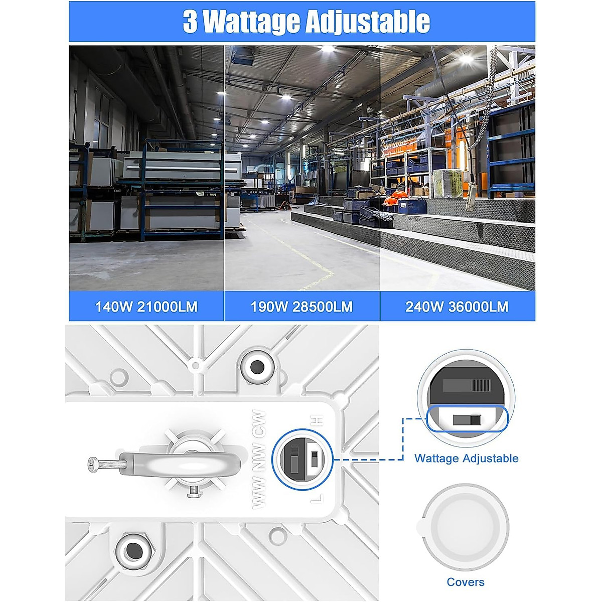 KUKUPPO 10 Pack LED High Bay Light 240W 190W 140W Adjustable, 3000K 4000K 5000K Adjustable UFO Bay Light with 5' Cable and Plug, 0-10V Dimmable AC100-277V UL&DLC Listed, White