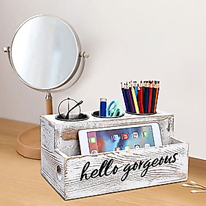 Mightree Rustic Wood Hair Dryer Holder for Bathroom Countertop, Vanity Box Bathroom Trays Cosmetic Organizer, Hair Tools Supplies Organizer for Drawer, Blow Dryer Holder Table with 3 Metal Cup Slot