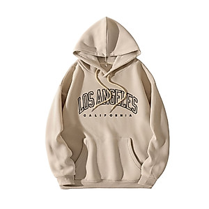Floerns Men's Letter Graphic Print Lightweight Hoodies Long Sleeve Drawstring Pullover Sweatshirts with Pockets Apricot M