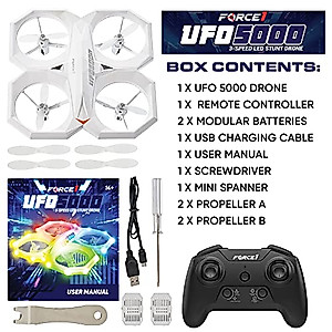 Force1 UFO 5000 Mini Drone for Kids - LED Remote Control Drone Flying Toy, Small RC Quadcopter for Beginners with Leds, 2.4 GHz Remote Control, 360 Flips, 11 LED Modes, 3 Speeds, 2 UFO Drone Batteries