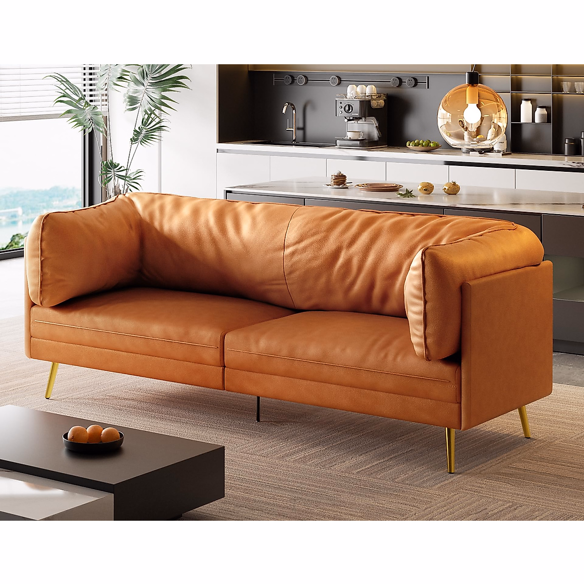 Vesgantti Leathaire Couch Loveseat Sofa, 73" Mid-Century Modern Couch with Deep Seat Comfort Cushions, Small Sofa Couches for Living Room, Bedroom, Office, Apartment, Tool-Free Assembly, Orange