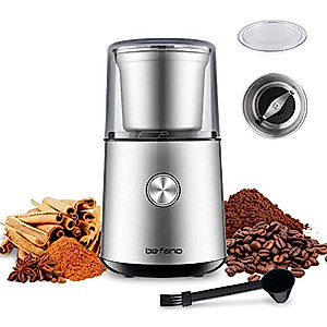Befano Coffee Bean Grinder Electric, 2.8oz Large Capacity Spice and Nut Grinder, Espresso Grinder with Removable Cups and Stainless Steel blade, Easy to Clean,180W High Power - Brushed Silver