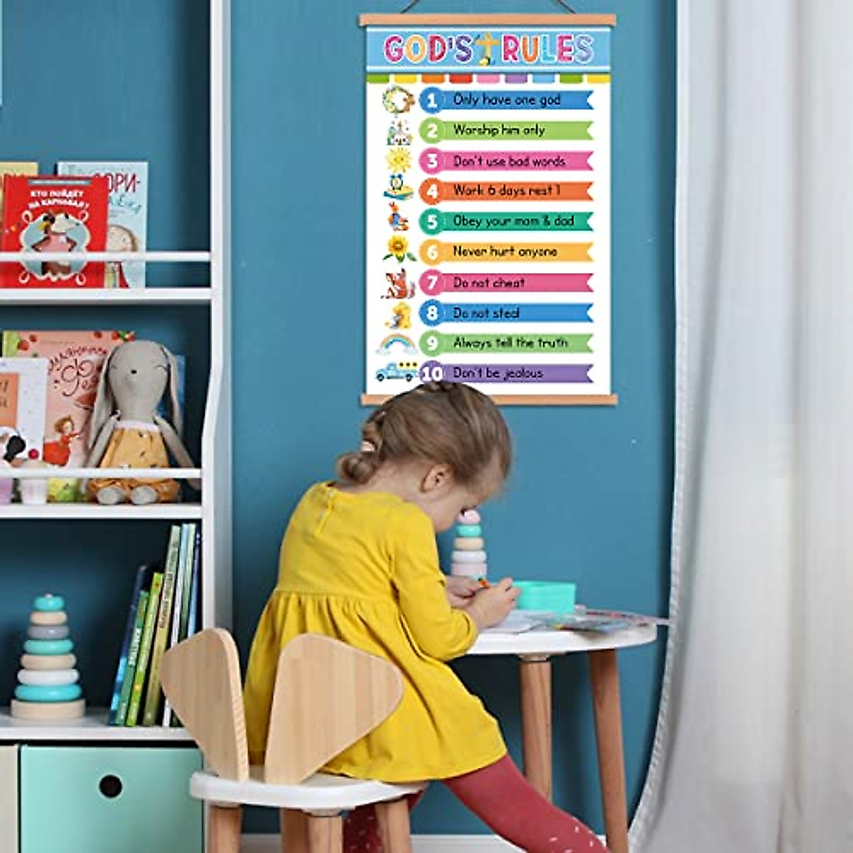 KAIRNE God’s Scripture Art Print With Wood Magnetic Poster Hanger, Christian Hanging Pictures Bible Verses Church Poster(35X56CM) Sunday School Educational Wall Art Kids Rules For Home Decor