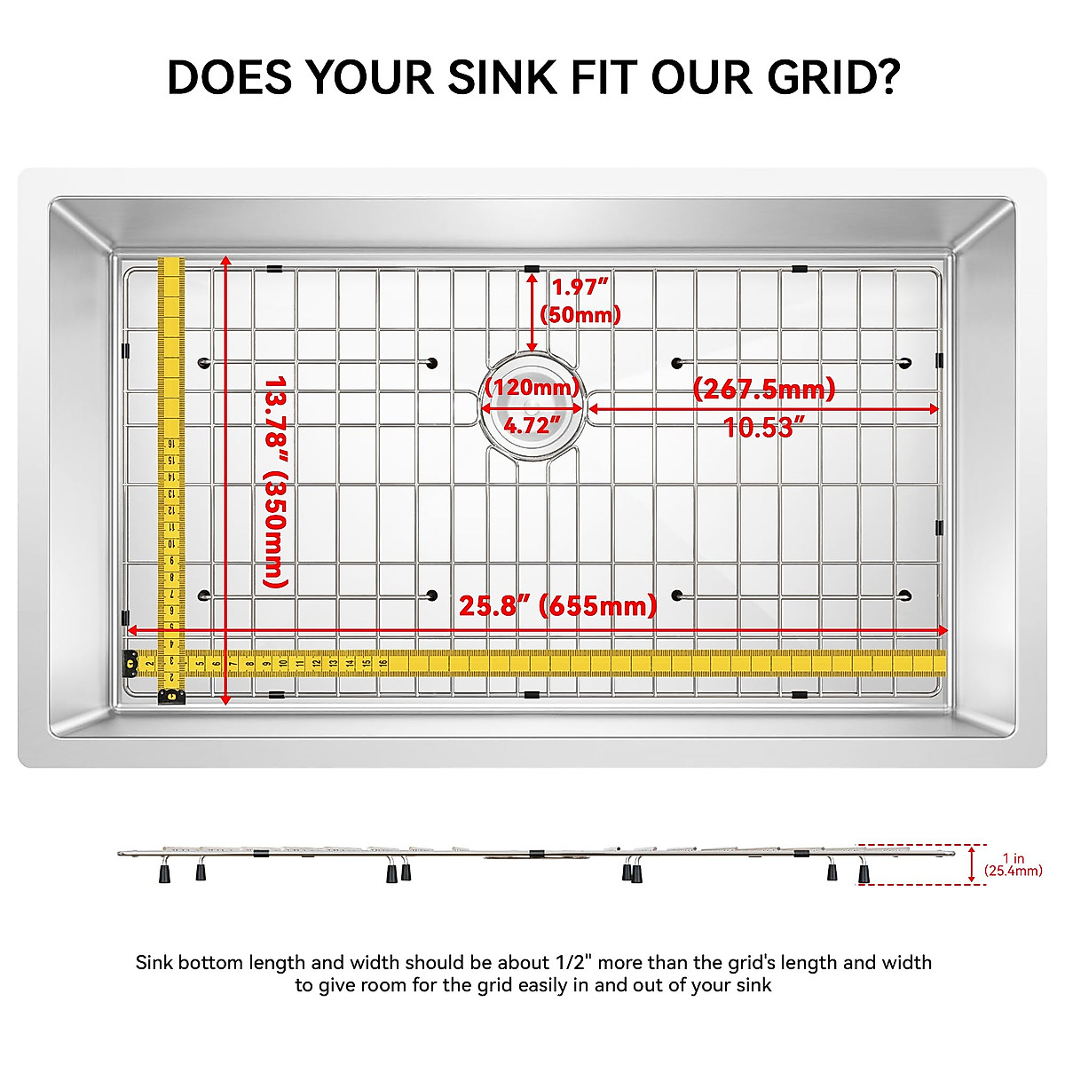 Stainless Steel Sink Grid and Protectors for Bottom of Kitchen Sink，26" x 14" Inches with Rear Drain