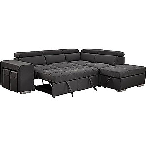 FULife 105" w L-Shaped Modular Reversible Sectional Corner Sofa with Pull Out Sleeper Bed,Adjustable Headrest,Storage Ottoman and 2 Stools,Multi-Functional Convertible Upholstered 5-Seat Sofá&Couch