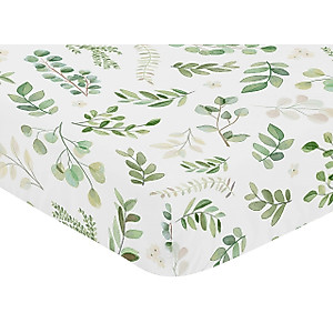 Sweet Jojo Designs Floral Leaf Girl Fitted Crib Sheet Baby or Toddler Bed Nursery - Green and White Boho Watercolor Botanical Woodland Tropical Garden