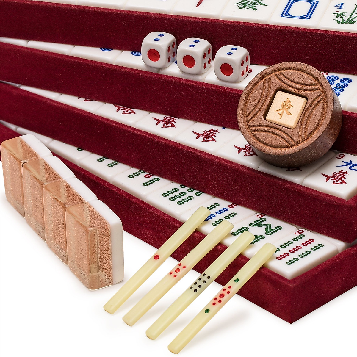 Yellow Mountain Imports Classic Chinese Mahjong Game Set, Champagne Gold - with 148 Medium Size Tiles and a Wooden Case - for Chinese Style Game Play