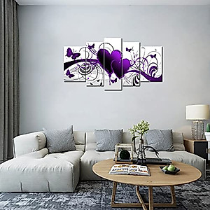 Yeawin Purple Love Butterfly Wall Art Purple Heart The Picture Print On Canvas 5 Panels Modern Abstract Artwork The Canvas for Home Living Dining Room Kitchen(Wrapped Canvas Wall Art,Ready to Hang)