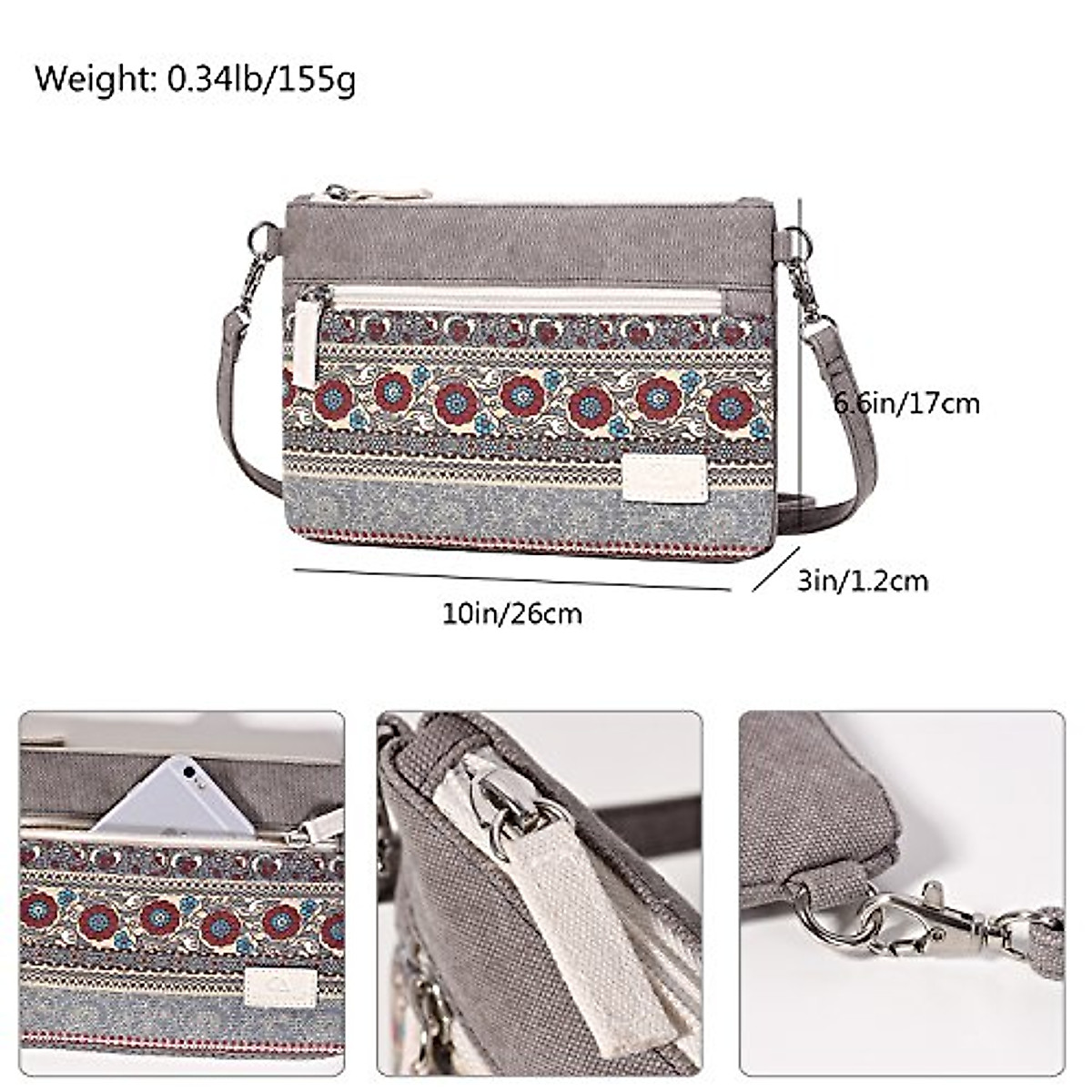 ArcEnCiel Small mini Crossbody Bag Canvas Cell Phone Purse Wallet with Shoulder Strap Handbag for Women Girls (Gray)