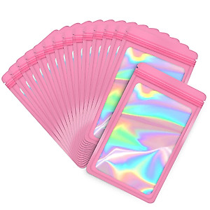 EONJOE 100-pack 5×7 inch mylar bags with clear window holographic resealable sealable packaging zip bag for small bussiness jewelry candy sample food packing supplies （Pink）