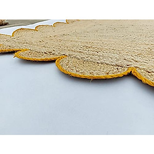 THE PIKKU INTERNATIONAL - Handmade Jute Rug Beige with Scallop Yellow Border Rectangle Hand Woven Farmhouse Jute Area Rug (7 x 11 ft)